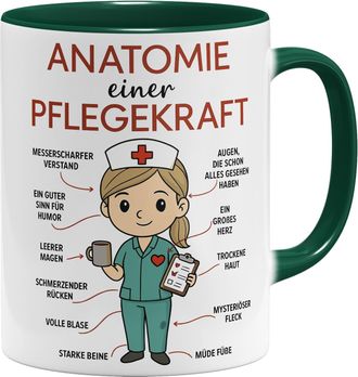 OM3 Anatomie einer Pflegekraft Kaffee-Tasse mit Spruch - Dankesch&ouml;n f&uuml;r Krankenschwester, Pflegerin & Altenpflegerin - Keramik Becher - 325ml - Beidseitig