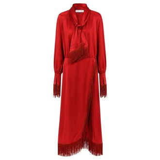 Rowen Rose Robe Longue Satin&eacute;e &agrave; Manches Raglan et Franges - Femme - Robes - Rouge - Taille: 36 FR
