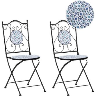 Beliani Lot de 2 Chaises de Jardin Bistrot Vintage en M&eacute;tal Ext&eacute;rieur Motif Floral Mosa&iuml;que Pliantes Noir Chapeco