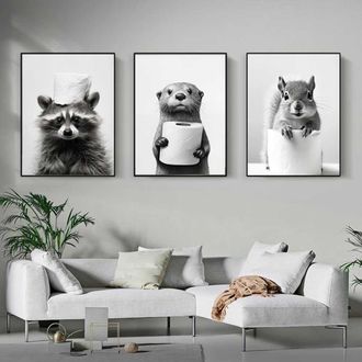 Generic 3 Poster Tiere Toilette schwarz und weiß Bild Badezimmer Tiere Wandposter witzig 30 x 40 cm Druck auf Leinwand Humor Foto wild Bild Tier Toilette Lein