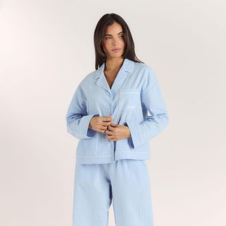Lounge Texturiertes Pyjamahemd aus Baumwoll - Blau - XXL