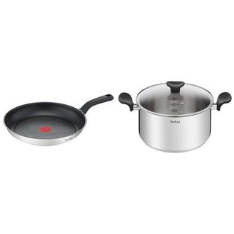 T-fal Poêle 30 cm, Induction, Revêtement antiadhésif, Acier inoxydable haute qualité & Faitout 24 cm (5 L) + couvercle verre, Induction, Acier inoxydable ha