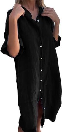 Generic Robe en lin pour femme - Col en V - Manches 3/4 - Couleur unie - Longue chemise - Décontractée - Chemise dété - Robe de plage - Élégante robe ample, N