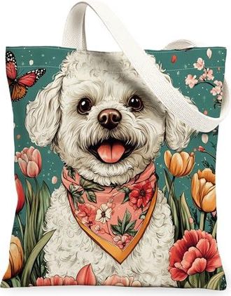 Generic Sac fourre-tout en toile motif bichon fris&eacute; pour le shopping 33 x 38,1 cm, sac &agrave; bandouli&egrave;re r&eacute;utilisable pour femme, peinture danimaux domestiques, d