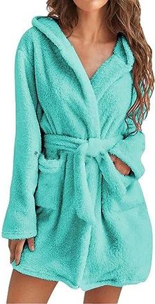 Generic Peignoir Pilou Pilou Pyjama Court en Peluche pour Femmes, Couleur Unie, Manches Longues, Poches, Capuche, Genou, Robe de Maison, Peignoir Robe Été Gra