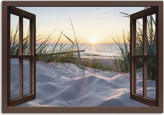 Artland Wanddeko Leinwand Bilder Wandbild 100x70 cm Fensterblick Strand Meer Sand Ostsee Dünen Sonnenuntergang U1TY