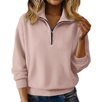 Generic Pull tricot&eacute; confortable en cachemire pour femme avec fermeture &eacute;clair quart de tour, rose, 3XL