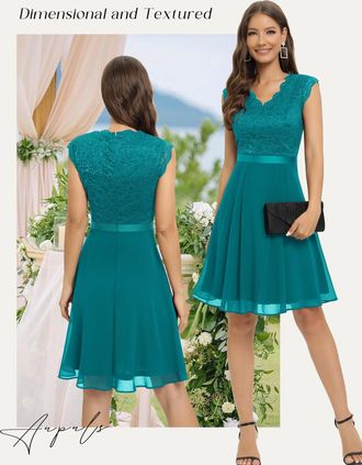 Dressystar Damen Festliche Cocktailkleider V-Ausschnitt Abendkleider Elegant Hochzeit Spitzenkleid Peacock XS