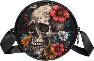 Generic Petit sac &agrave; bandouli&egrave;re circulaire pour femme, motif cr&acirc;nes, fleurs, petit sac &agrave; bandouli&egrave;re avec fermeture &eacute;clair, bretelles r&eacute;glables, sac &agrave; main ro