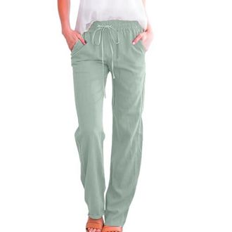 Generic Pantalon en lin pour femme Printemps &eacute;t&eacute; habill&eacute; taille haute avec cordon de serrage en coton droit Pantalon de d&eacute;tente Pantalon de plage, vert clair,