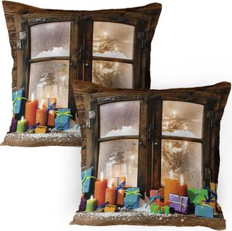 Abakuhaus Weihnachten Kissenbezug Packung mit 2, Schnee Wetter Rustikaler Stil Fenster und Festive Zier Boxen Wintersaison, Dekorativer Standard Gedruckter Kiss