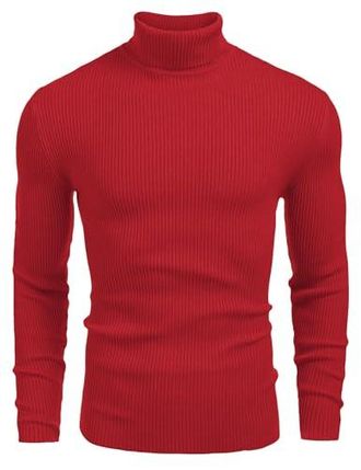 Coofandy Pull &agrave; col roul&eacute; pour Hommes Slim fit Pull en Tricot Fin Coton &eacute;lastique Col roul&eacute; Pull &agrave; Manches Longues Rouge L