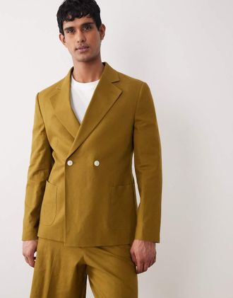 Asos Veste de costume ajust&eacute;e en lin m&eacute;lang&eacute; - Kaki-Vert