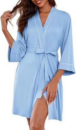 Ekouaer Peignoir de Bain Femme Ete Ultra Doux L&eacute;ger Robe de Chambre Femme Courte Manches 3/4 Grande Taille Kimono, Bleu clair, S