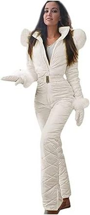 TOMWELL Combinaison de Ski Femme Fille Hiver Chaud Peluche Capuche Overall Neige Ext&eacute;rieur Sports Pantalon Ski Suit Imperm&eacute;able Jumpsuit Blanc M