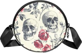 Generic Sac &agrave; bandouli&egrave;re rond pour femme, motif t&ecirc;te de mort, fleurs, petit sac &agrave; dos &agrave; bandouli&egrave;re avec fermeture &eacute;clair, bretelles r&eacute;glables, sac &agrave; main ro