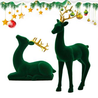 Generic Reindeer Christmas Decor Flocking Deer Figuren 2 Pieces Red and Green Aesthetic Stehen Sitting Each Statue for Workplace Bedside Table Party Kitchen