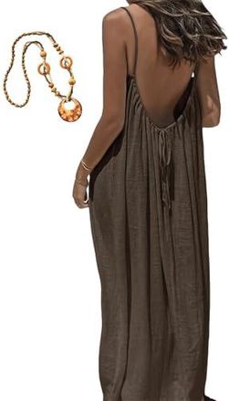 Generic Robe longue dos nu &agrave; bretelles spaghetti 2026 sans manches - Robe longue ouverte dans le dos - Robe d&eacute;t&eacute; pour le salon, la maison, les vacances, la pl