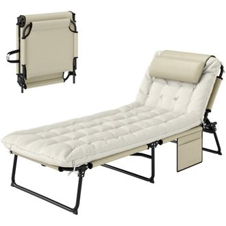 OUTSUNNY Bain de soleil - Outsunny - pliable - dossier inclinable 4 positions - appui-t&ecirc;te et matelas &eacute;pais - textil&egrave;ne, acier - beige