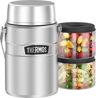 Thermos STAINLESS KING Thermobeh&auml;lter f&uuml;r Essen silber 1,20l - Edelstahl, absolut dicht, h&auml;lt Speisen 12h hei&szlig; & 24h kalt, mit 2 Allrounder-Eins&auml;tzen, BPA-fre
