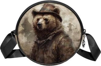Generic Sac &agrave; bandouli&egrave;re rond pour femme, motif ours vintage, petit sac &agrave; bandouli&egrave;re avec fermeture &eacute;clair, bretelles r&eacute;glables, sac &agrave; main rond d&eacute;contract&eacute;