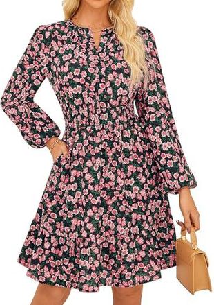 Grace Karin Robe de loisirs &agrave; manches longues pour femme, robe avec col en V et imprim&eacute; fleuri, taille &eacute;lastique, robe A-ligne midi, XL