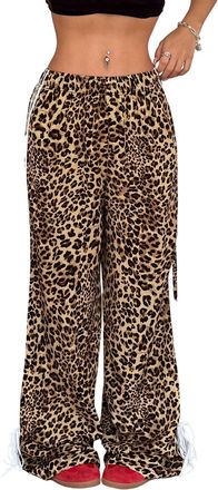SOLY HUX Damen Hosen Lang Y2K Freizeithose Leoparden Sweathose Elastischer Taille Sporthose Casaulhose Locker Hosen Herbst Outfit Leoparden M