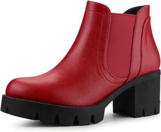 Allegra K Femme Bottines Chelsea à Talon Épais et Semelle Crantée Rouge 37