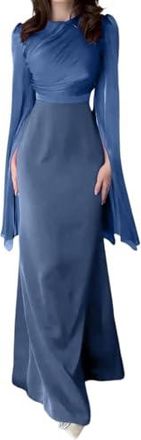Minetom Robe Maxi Longue &agrave; Lacets Femme &Eacute;l&eacute;gant Manches Longues Couleur Unie Soir&eacute;e Mariage Cocktail C&eacute;r&eacute;monie Robes A Bleu M
