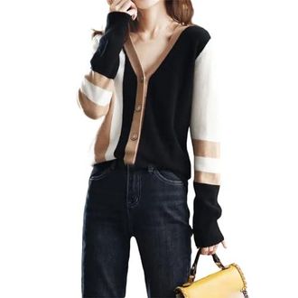 Generic Cardigan tendance pour femme avec col en V et rayures - Style paresseux d&eacute;contract&eacute;, Noir Camel Blanc, XS