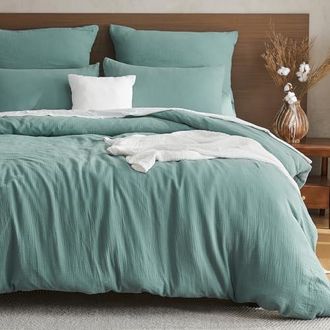 Emme Parure de lit en mousseline 100 % coton avec fermeture &eacute;clair, 200 x 200 cm, housse de couette avec 2 taies doreiller 80 x 80 cm, couvre-lit en mousse