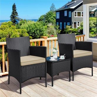 Yaheetech Yaheetech Salon de Jardin Exterieur, Ensemble Meubles de Jardin 2 Fauteuils et Table Basse Plateau Verre 2 Coussins Tress&eacute;e Noir/Kaki