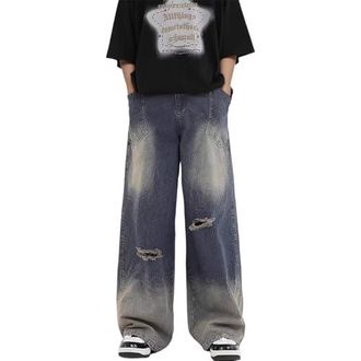 Generic Jean Homme Jeans Homme Week-End/Voyage Jean Bleu Clair D&eacute;lav&eacute; Baggy Loose Coupe Droite - Streetwear Casual avec Volume Tendance R&eacute;tro