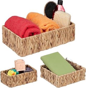 Relaxdays Aufbewahrungskorb Wasserhyazinthe, 3er Set, Körbchen in 3 Größen, Badezimmer Aufbewahrung, Flechtkörbe, Natur