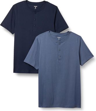 Amazon Essentials Herren Kurz&auml;rmliges Henley-T-Shirt aus Baumwolle mit normaler Passform, 2er-Pack, Jeans/Marineblau, M