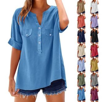 Generic Chemisier en mousseline pour femme - Oversize - Long - T-shirt surdimensionn&eacute; en coton - Col en V - Chemise en lin - T-shirt long ample - Chemise long