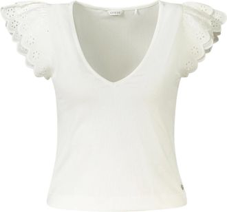 Guess Femme, Tops, Blanc, Taille: 40 FR Short Sleeve V-Neck T-Shirt