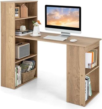 Costway Costway - Schreibtisch mit B&uuml;cherregal, Computertisch mit 6 Regalen, PC-Tisch mit Regal rechts oder Links, B&uuml;rotisch, Arbeitstisch f&uuml;r Zuhause, B&uuml;ro
