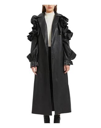 Generic Trench long &agrave; volants en cuir synth&eacute;tique doux pour femme Printemps Automne - V&ecirc;tement dext&eacute;rieur &eacute;l&eacute;gant et d&eacute;contract&eacute; en similicuir, Noir, M