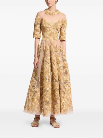 Elie Saab robe mi-longue en tulle &agrave; broderies - Jaune