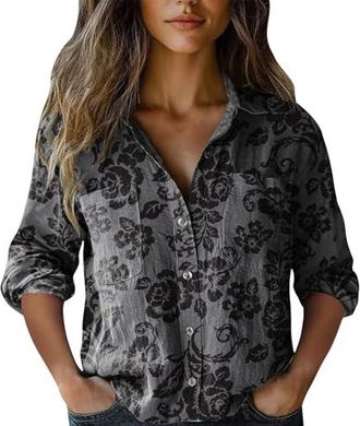 Generic Chemisier &agrave; manches 3/4 pour femme - Imprim&eacute; tendance - Col en V - Chemise florale d&eacute;contract&eacute;e - Chemise d&eacute;t&eacute; d&eacute;contract&eacute;e - Chemise d&eacute;t&eacute; d&eacute;contract&eacute;