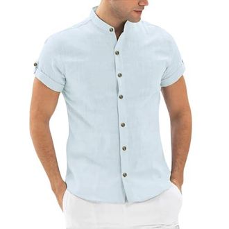 Generic Chemise en coton et lin pour homme - Chemisier dentra&icirc;nement pour homme - Style d&eacute;contract&eacute; - Grande taille - Col montant - Manches courtes - Tunique 