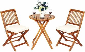Costway 3-TLG. Klappbares Balkonset mit rundem Tisch & 2 St&uuml;hlen, mit Kissen, aus Akazienholz, Gartenm&ouml;bel-Set, Garten Sitzgruppe f&uuml;r In & Outdoor