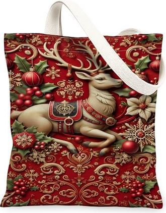 Generic Sac fourre-tout en toile motif cerf de No&euml;l, sac d&eacute;picerie r&eacute;utilisable, vintage, &eacute;l&eacute;gant, l&eacute;ger, lavable, Rouge, 13x15 Inch