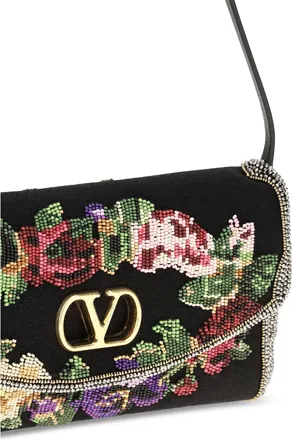Valentino Garavani Womens Shoulder Bag Devain Embroidered Multicolour Multicolour-Black Linen Multicolour/black