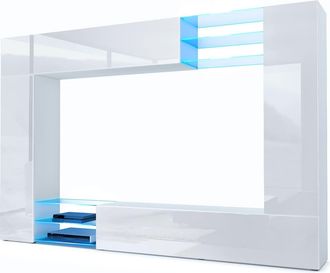 Vladon Wohnwand Mirage, Made in Germany, Anbauwand mit Rückwand mit 2 Türen, 2 Klappen und 6 offenen Glasablagen, Weiß matt/Weiß Hochglanz, inkl. LED-Beleuch