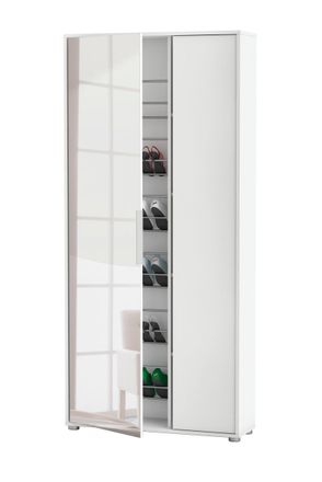 M&ouml;belando Schuhschrank >Ebony< wei&szlig; 82,8x176,4x24 cm, moderner Schuhkipper mit Glast&uuml;r, 4 Einlegeb&ouml;den, f&uuml;r 12 Paar Schuhe, melaminharzbeschichtete Spanplatte, 