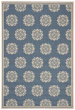 Safavieh Kleines Medaillon Drinnen & Draussen - Beachhouse Collection, Kurzer Flor, Creme und Blau, 79 X 152 cm