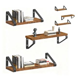 Relaxdays Wandregal, 6er Set, 3 Gr&ouml;&szlig;en: 30, 35, 40 cm Breite, Holzoptik & Metall, Wandbretter f&uuml;r B&uuml;cher & Deko, braun