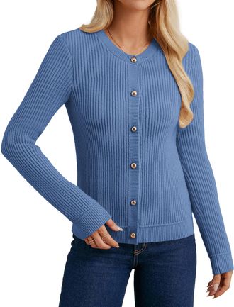 Grace Karin Strickjacke Damen Sommer Rundhals Kn&ouml;pfen D&uuml;nne Jacke Damen Herbst Elegant Bolero Damen Festlich Graublau L